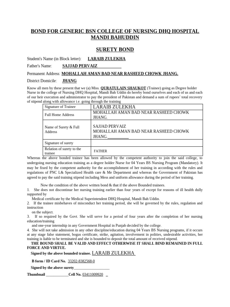 Bond For Generic BSN College of Nursing DHQ Hospital | PDF | Nursing ...