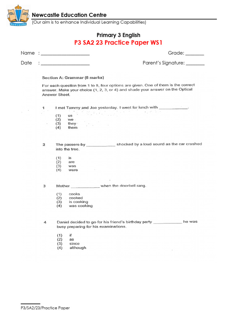 P3 - SA2 - 23 - Practice Paper - WS1 | PDF