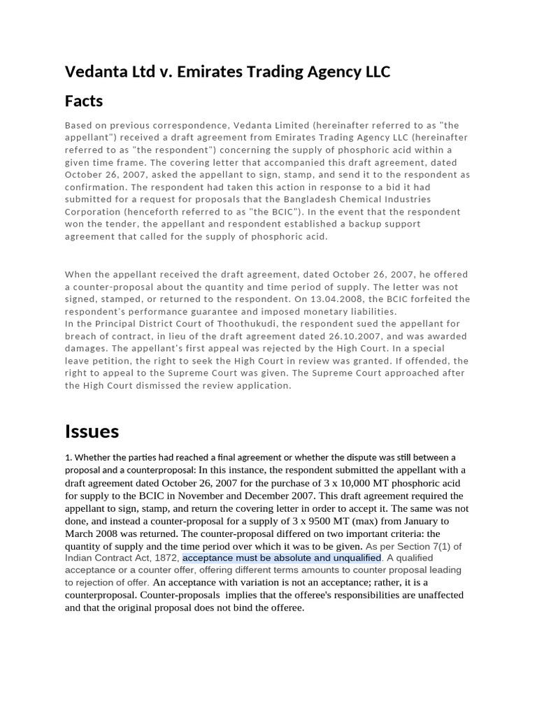 Vedanta Ltd v. Emirates Trading Agency | PDF | Offer And Acceptance ...