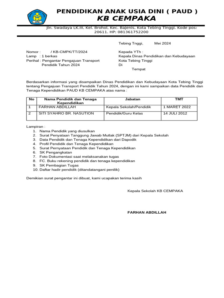 Surat Pengantar Pengajuan Transport | PDF