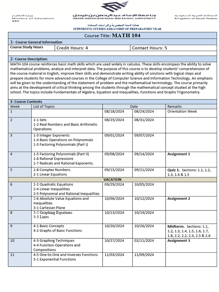 Math 104 syllabus Term 1 (2024-2025) | PDF | Polynomial | Mathematics