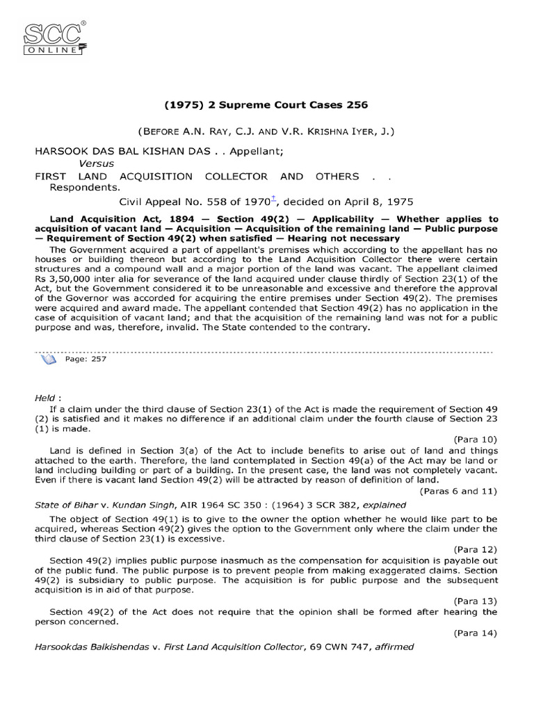 Harsook Das Bal Kishan Das v. First Land Acquisition Collector, (1975) 2 SCC 256 | PDF