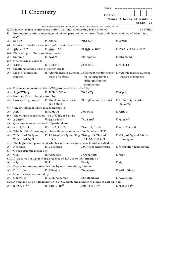 Chemistry Exam Paper | PDF | Gases | Molecules