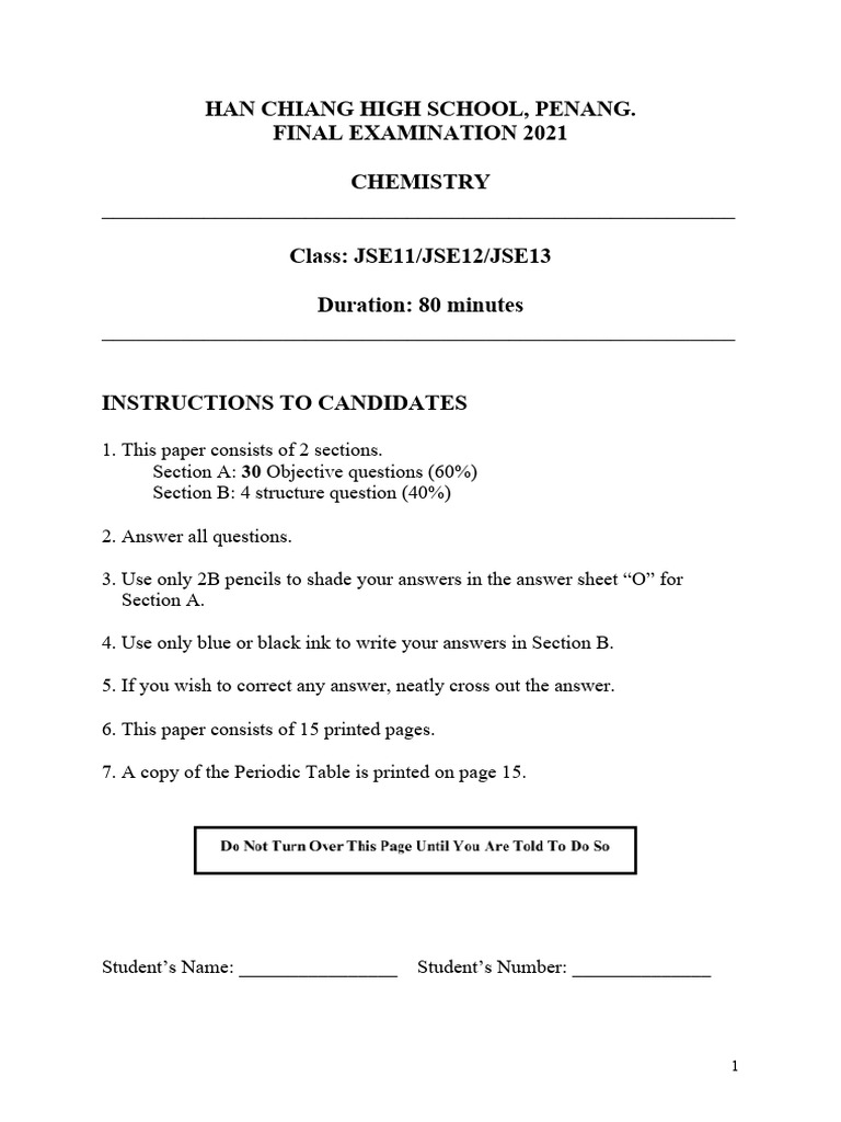 Chemistry Final Exam 2021 - Han Chiang | PDF | Chemical Bond | Atoms