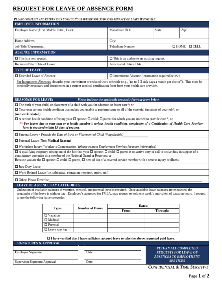 208 Employee Request For Absence Form 003 Docx20805742 | PDF | Family And Medical Leave Act Of ...