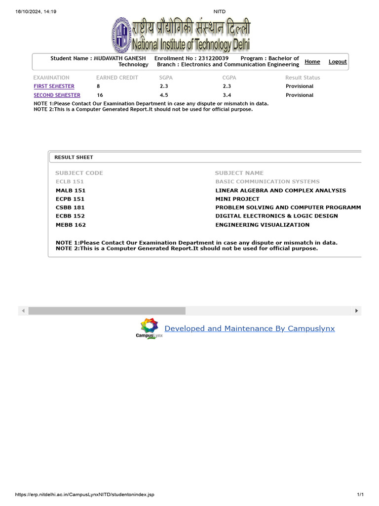 Student Result Report for NITD | PDF