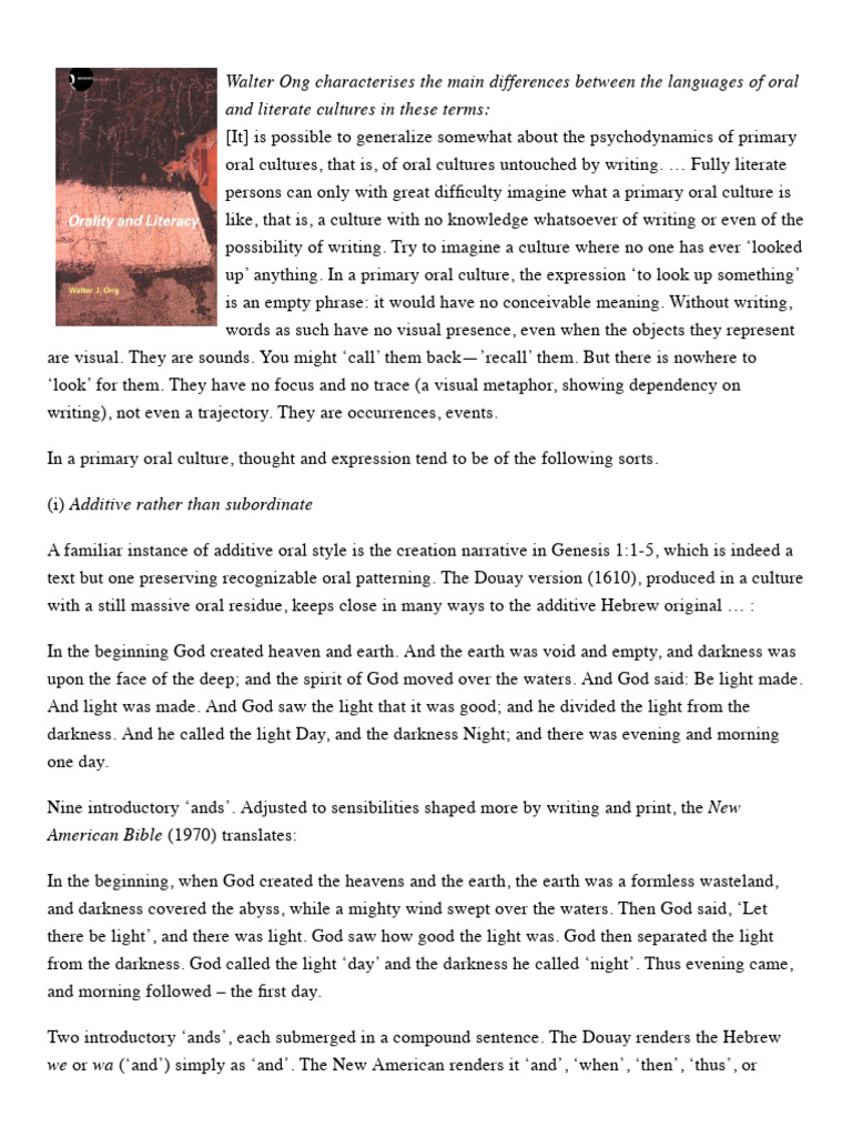 Ong On The Differences Between Orality and Literacy | PDF | Word | Oral ... Ong On The Differences Between Orality and Literacy | PDF | Word | Oral ...