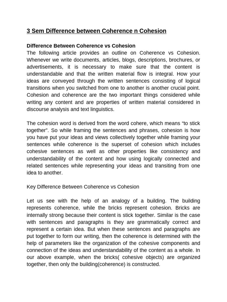 3 Sem Difference Between Coherence N Cohesion | PDF | Word | Linguistics