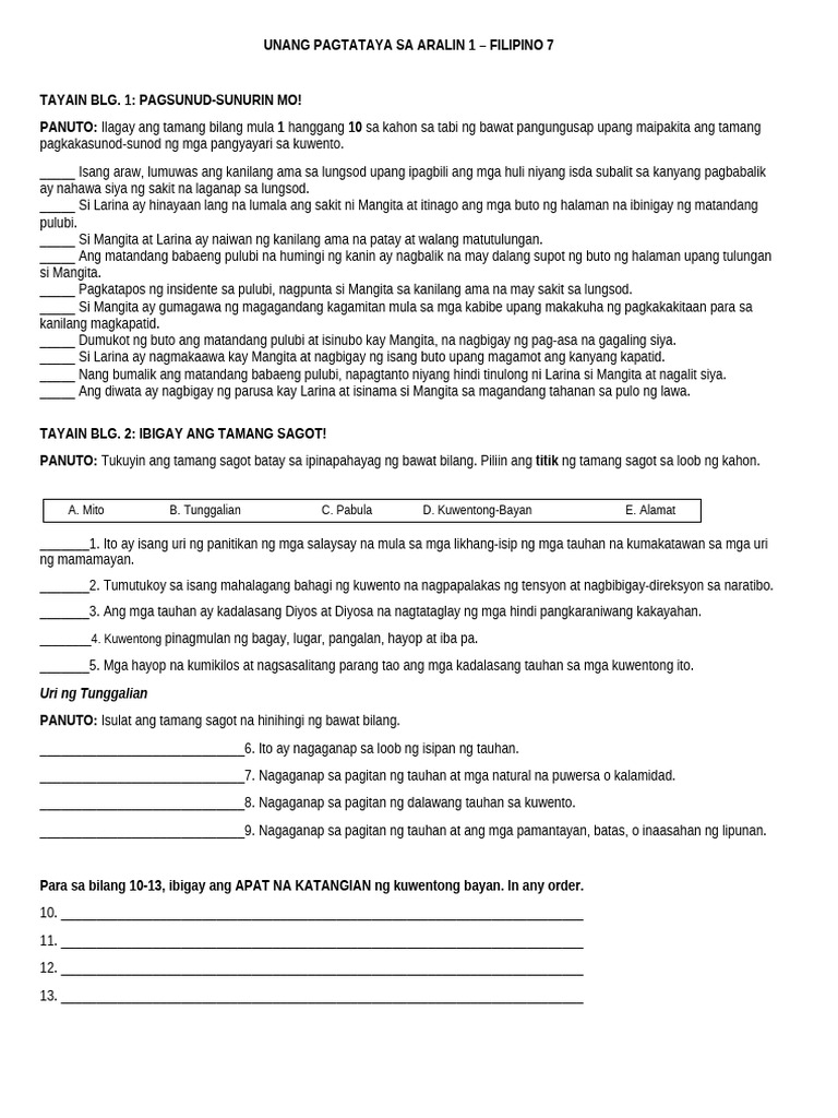 Unang Pagtataya Sa Aralin 1 - Fil 7 | PDF