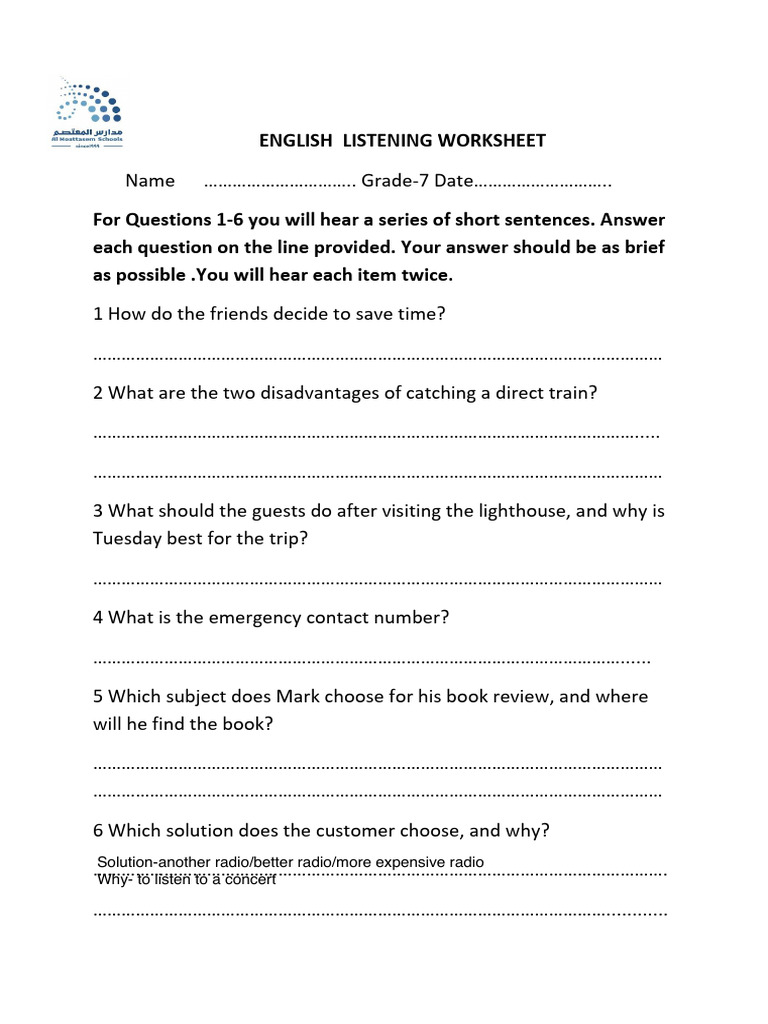 L7 Key Listening Skill Worksheet1 2 | PDF | Games & Activities