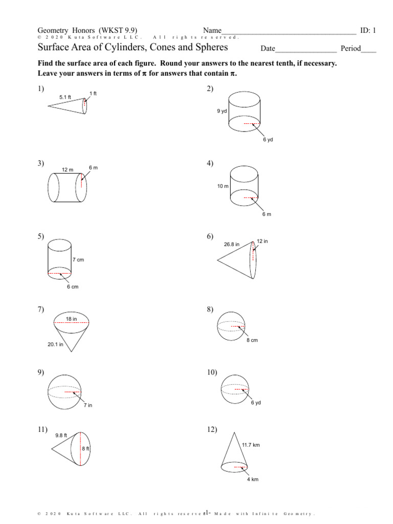 Surface Area of Cylinders, Cones, Spheres | PDF | Area | Elementary ...