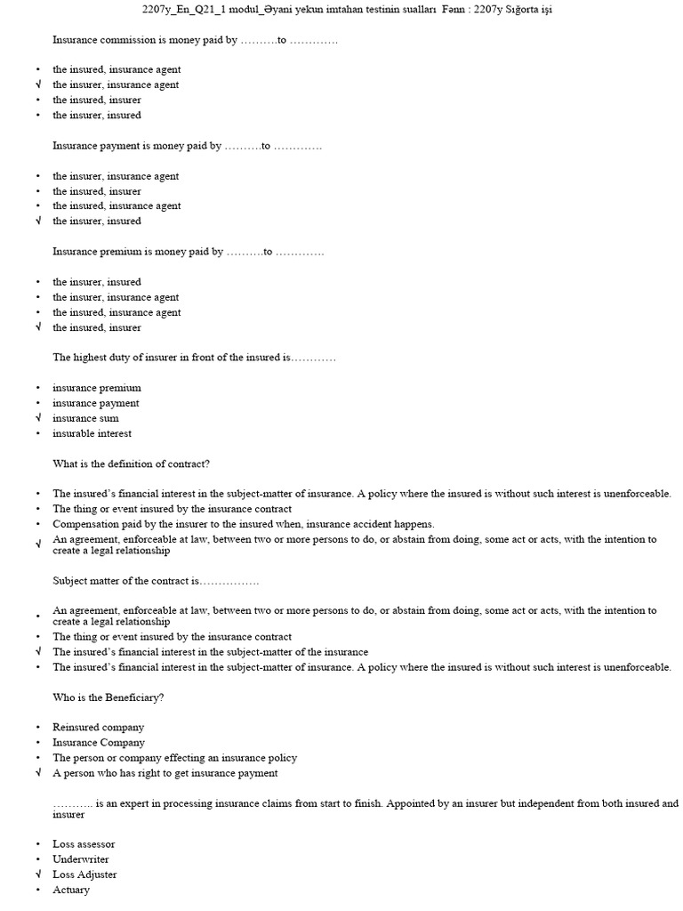 Insurance Exam Questions and Answers | PDF | Insurance | Deductible