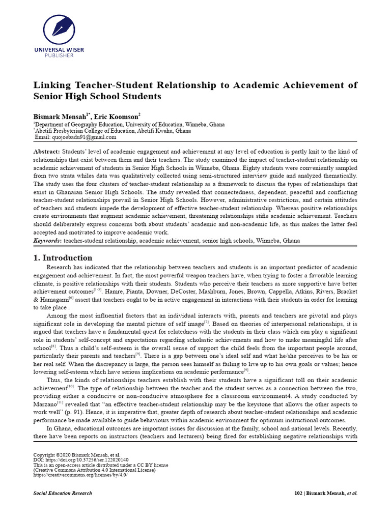 Linking Teacher-Student Relationship To Academic Achievement of Senior ...