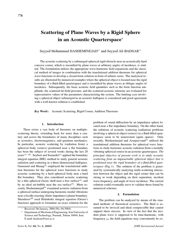 Scattering of Plane Waves by A Rigid Sphere in An Acoustic Quarterspace | PDF | Scattering | Waves