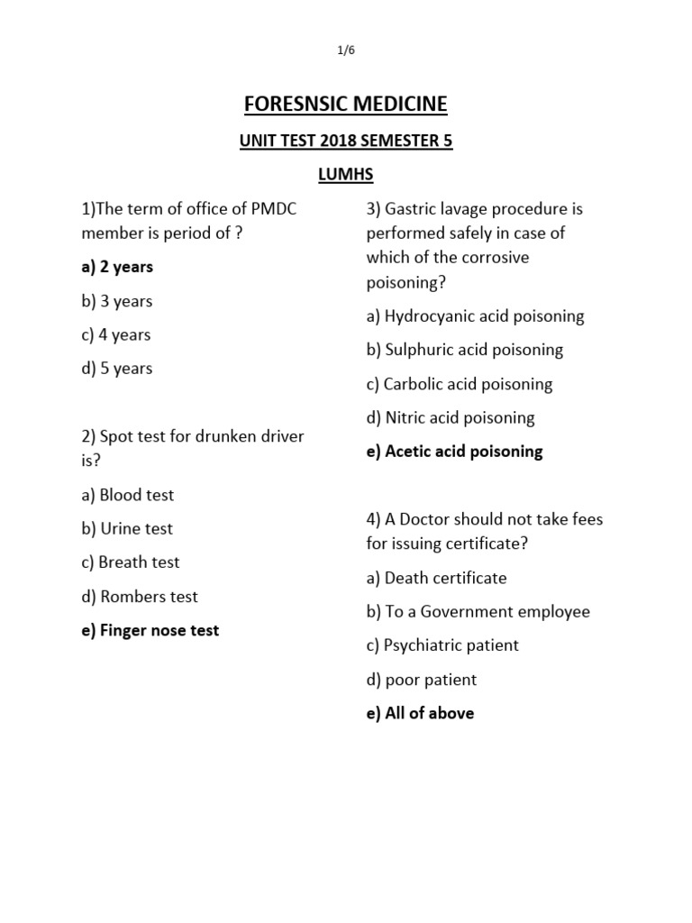 2018 Unit Test Forensic Medicine Lumhs | PDF | Firearms | Bullet