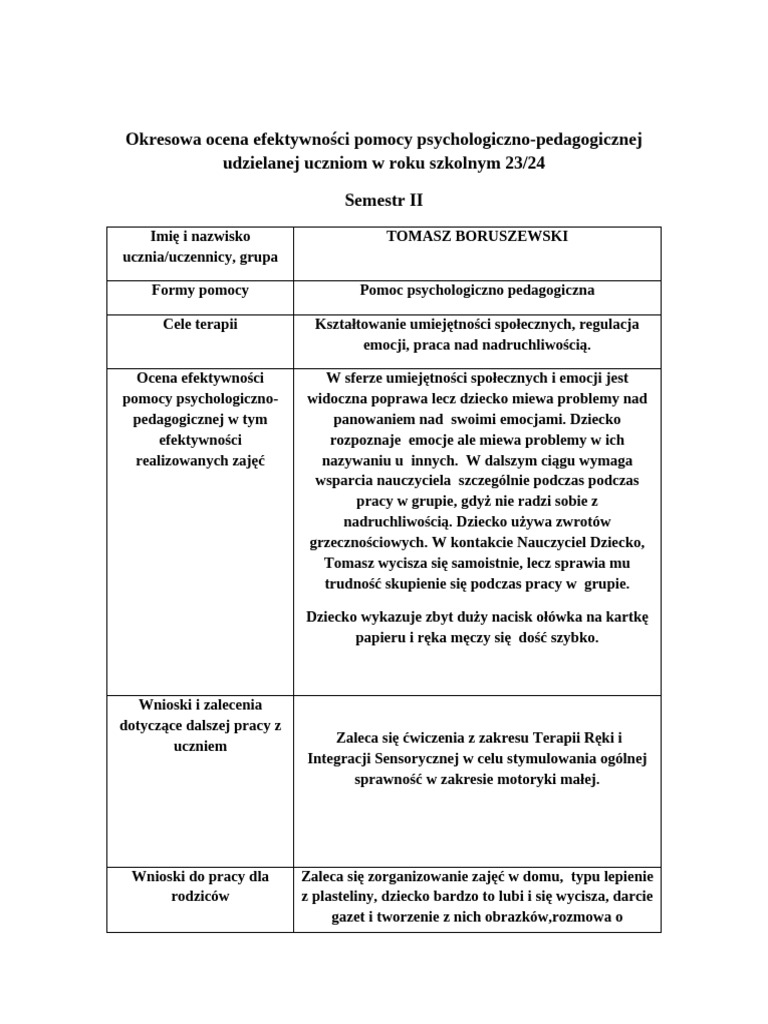 Okresowa Ocena Efektywności Pomocy Psychologicznej | PDF