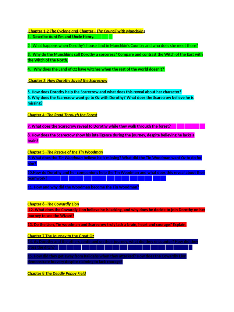 The Wizard of Oz (Chapter 1-11) - QB - Midterm | PDF