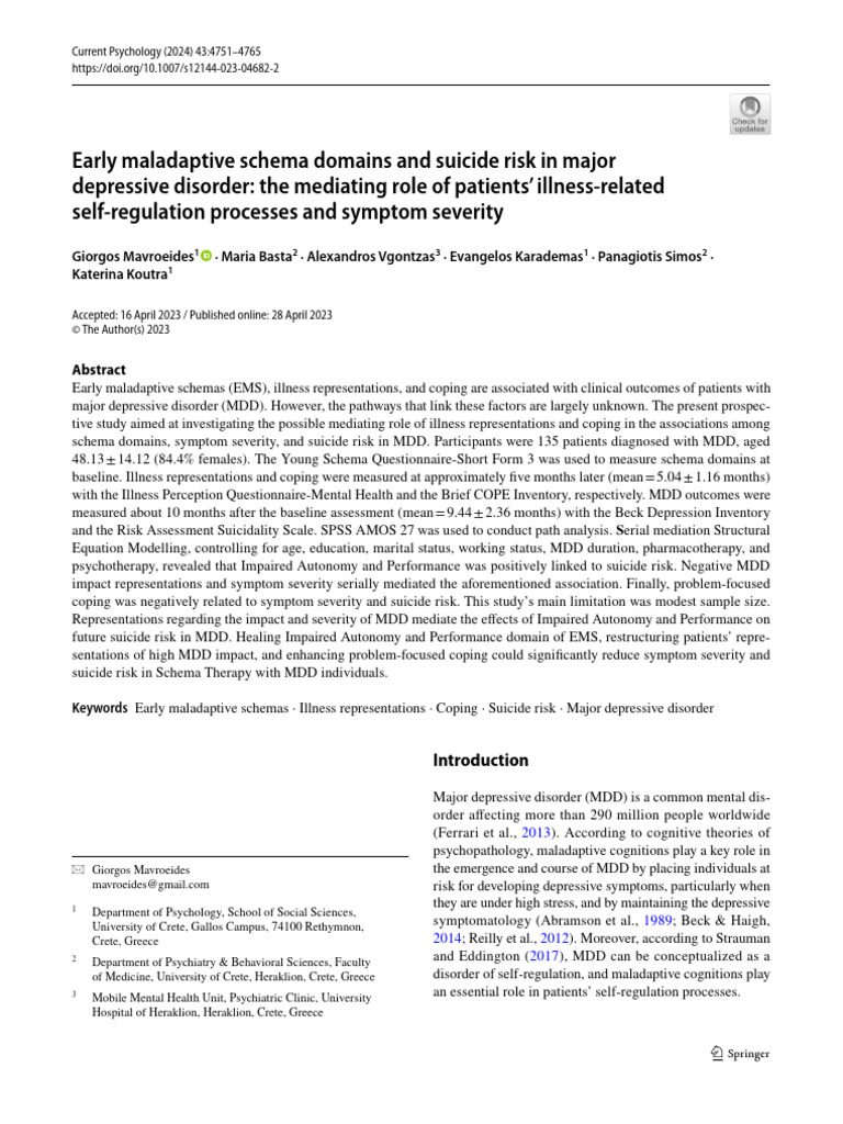 Early Maladaptive Schema Domains and Suicide Risk in Major Depressive ...