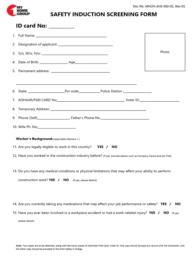 Safety Induction Screening Form | PDF | Safety