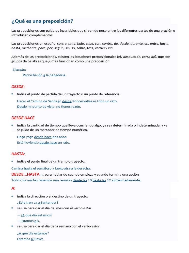 Guía de Preposiciones en Español | PDF | Preposición y Postposición | Gramática
