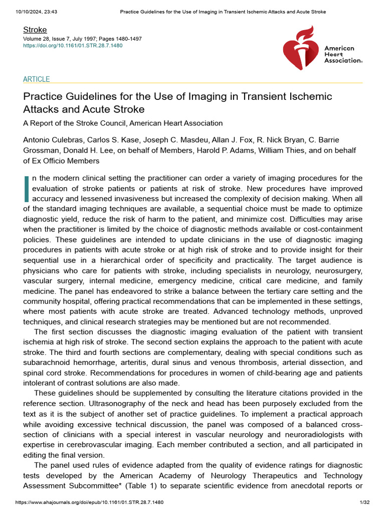 Practice Guidelines For The Use of Imaging in Transient Ischemic Attacks and Acute Stroke | PDF ...