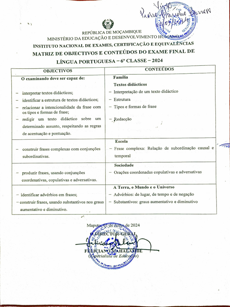 Matriz Dos Exames Da 6 Classe 2024 | PDF