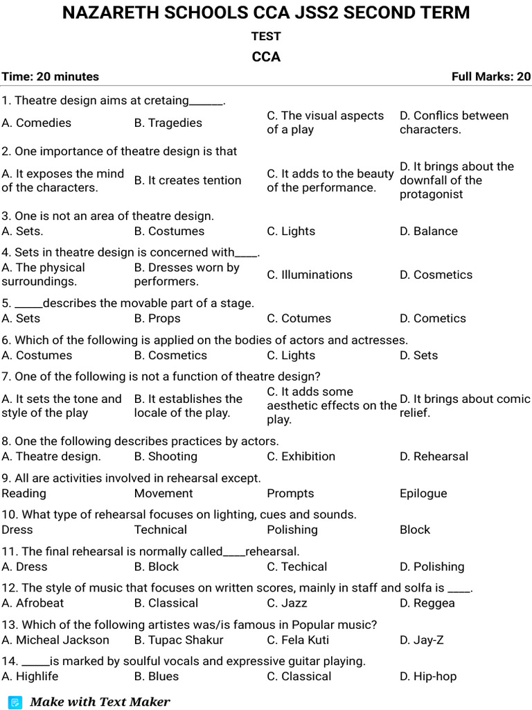 JSS2 Cca Test Second Term | PDF | Classical Music | Performing Arts