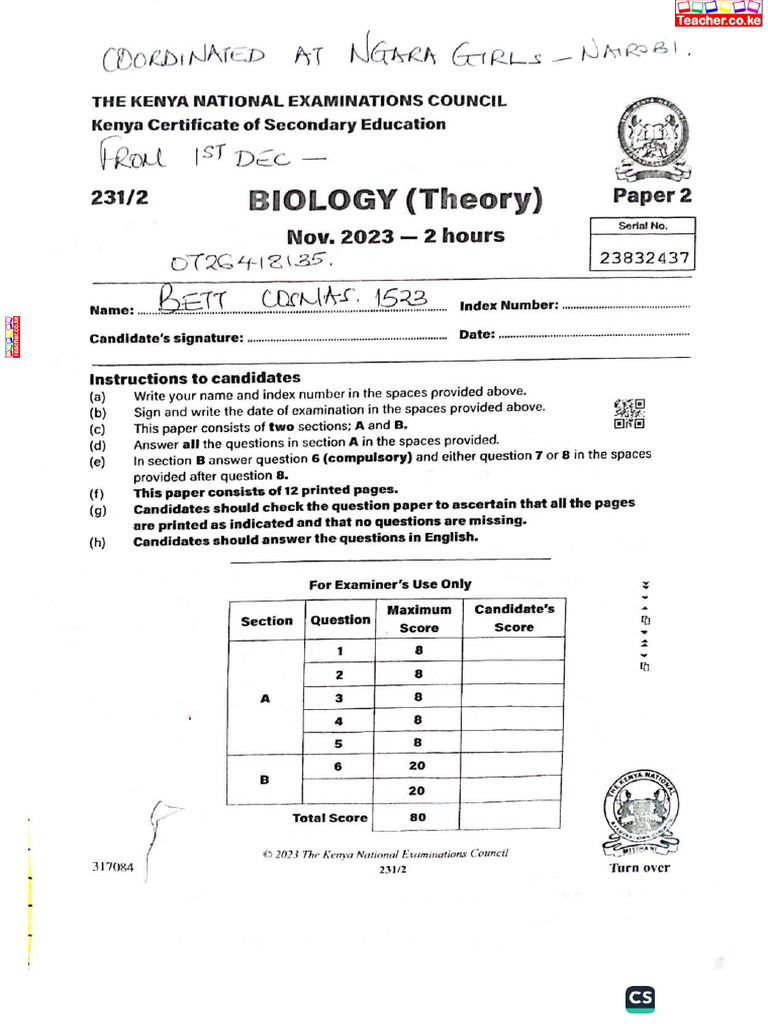 Biology P2 MS KCSE 2023 Teacher - Co - .Ke | PDF | Career & Growth