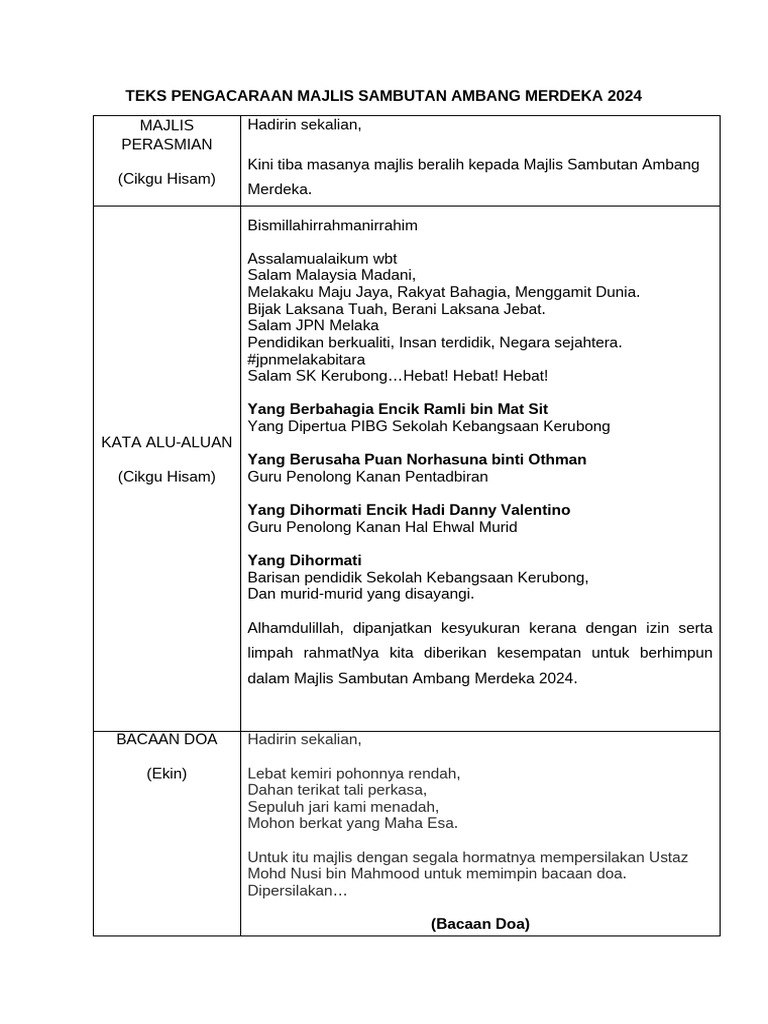 Teks Pengacaraan Majlis Sambutan Ambang Merdeka 2024 | PDF
