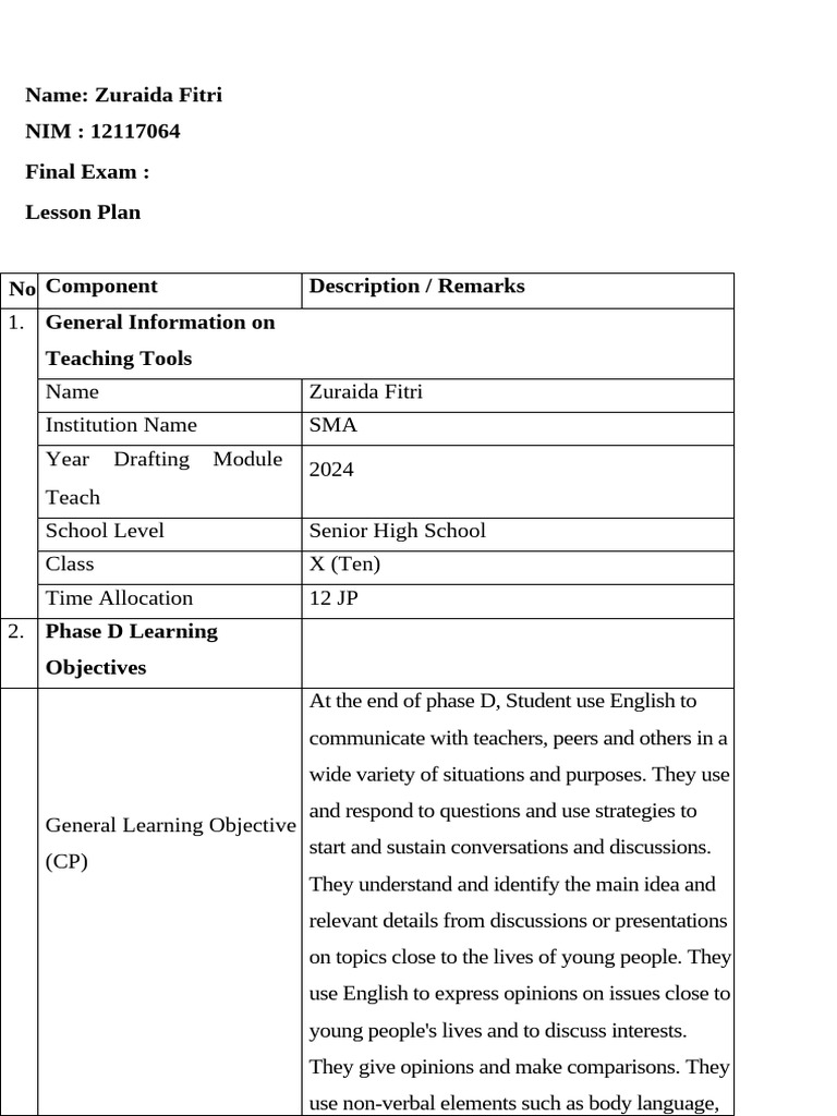Zuraida Fitri - 12117064 - TBI 6B - Final Exam (Lesson Plan) | PDF | Learning | Lesson Plan