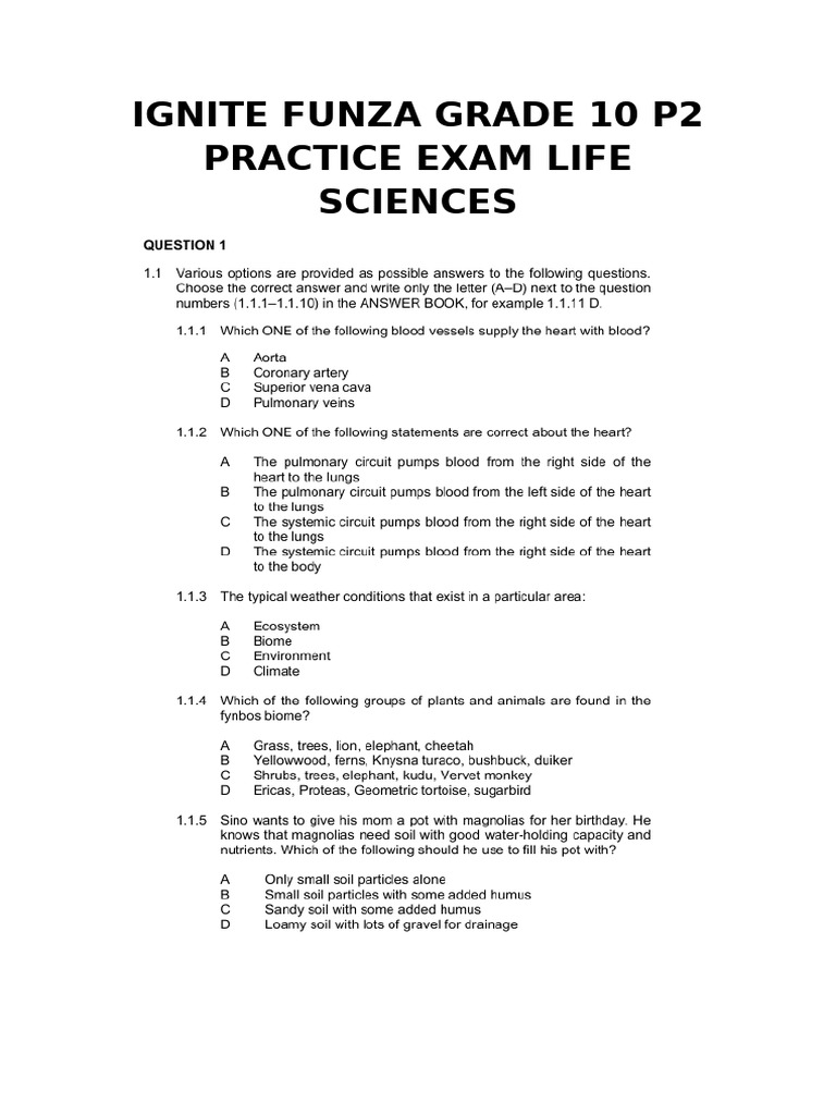 Ignite Funza Grade 10 P2 Practice Exam Life Sciences | PDF