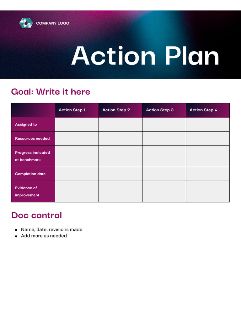 Action Plan Doc in Dark Blue Dark Pink Gradients Style | PDF