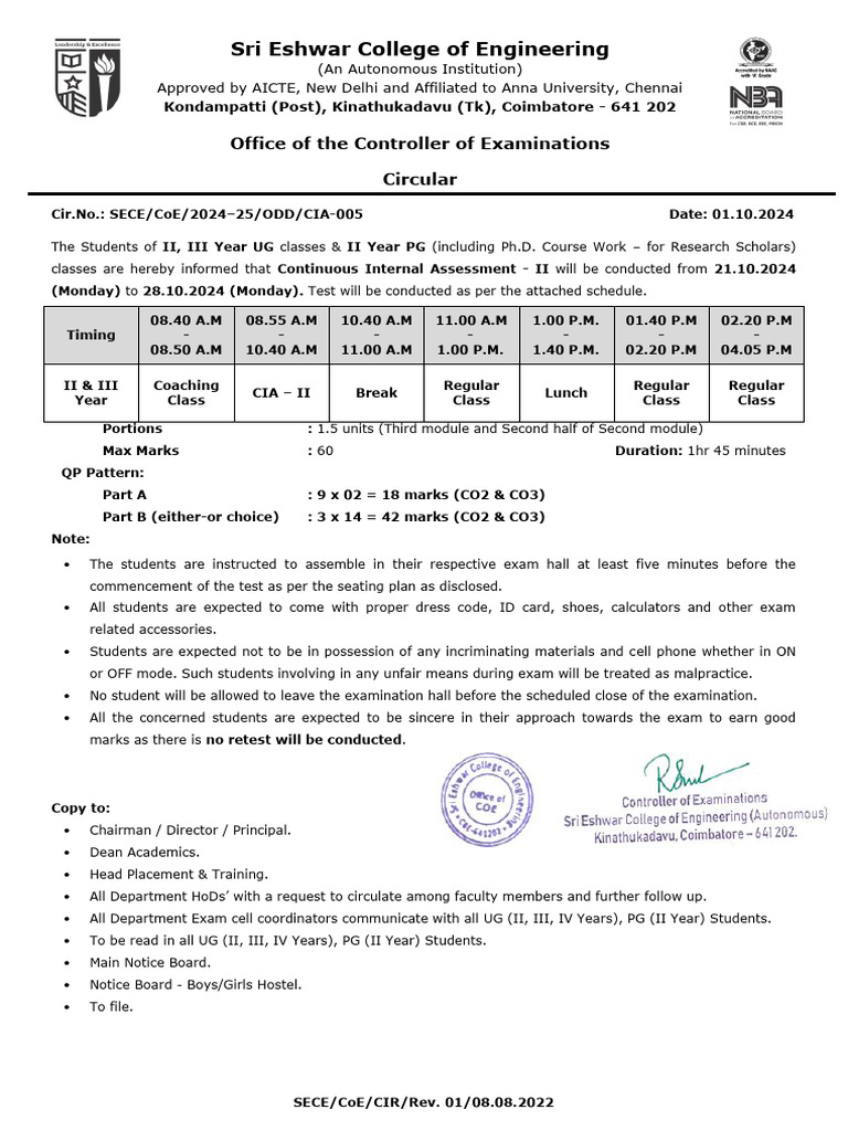Student Copy - CIA 2 - Sem 3,5 - Circular & Schedule | PDF ...