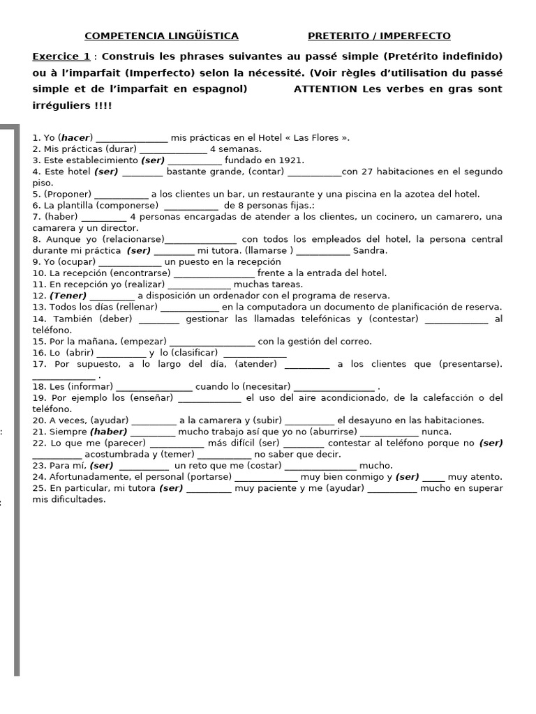 Ex Pretérito Imperfecto PRACTICAS EN UN HOTEL | PDF | Hotel