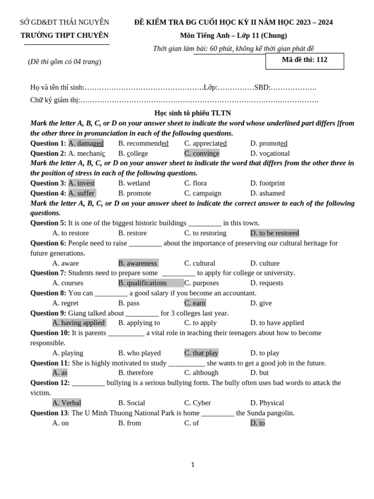 Đề thi HK2 - 11 mã 114 - 2024 | PDF | Wildlife | Adolescence