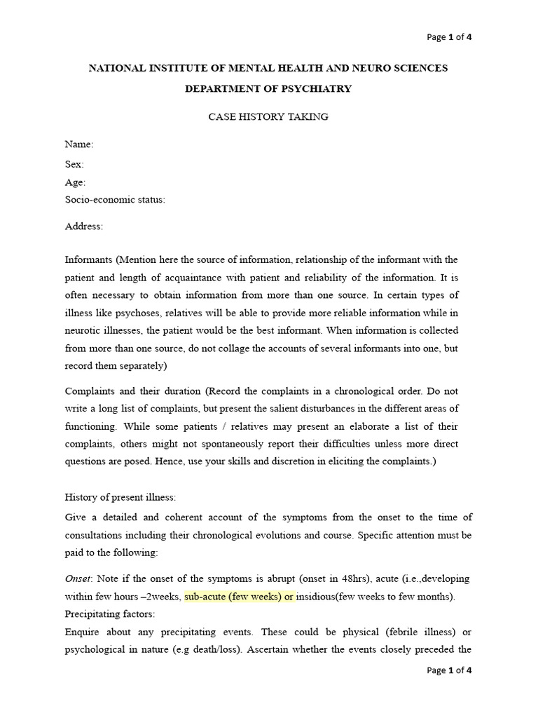 NIMHANS Case History Format Guide | PDF | Mental Disorder | Schizophrenia