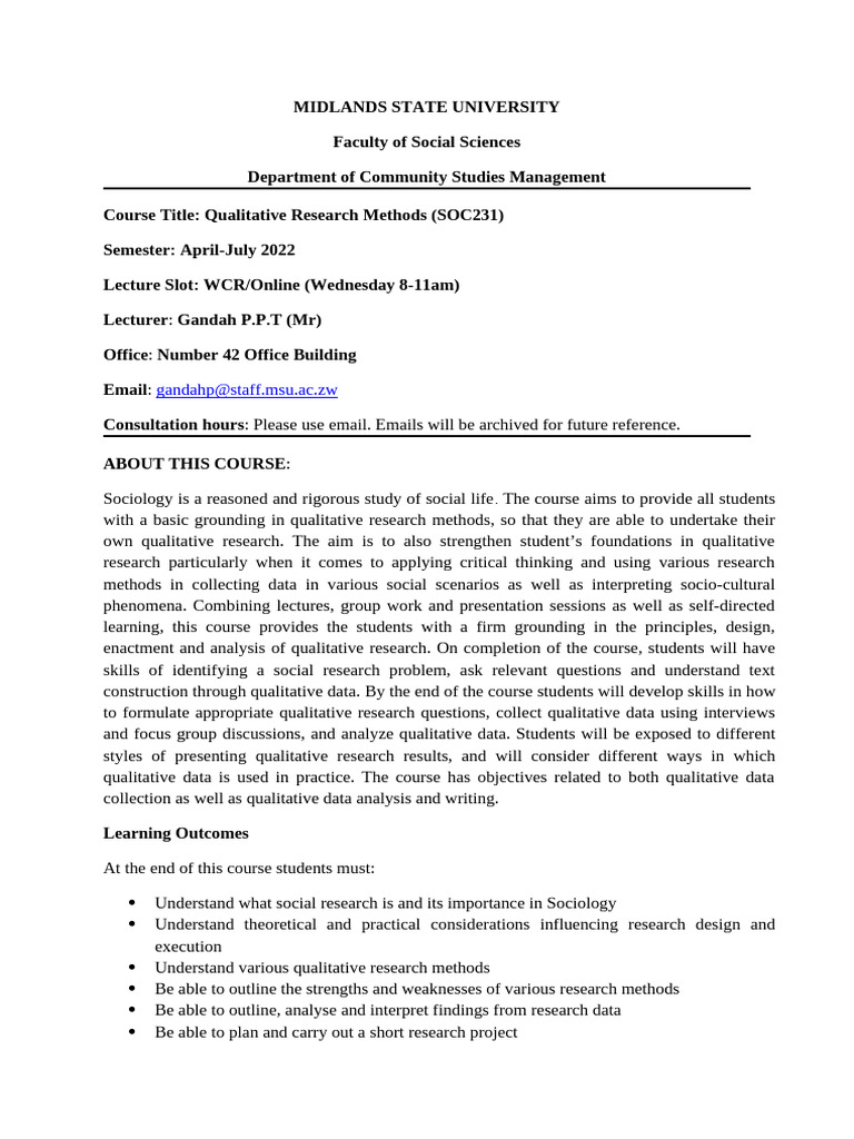 SOC231 Qualitative Research Course Outline April To July 2022 | PDF ...