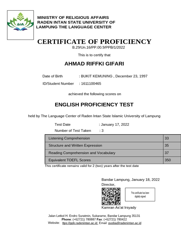 English Proficiency Certificate - Ahmad Riffki Gifari | PDF