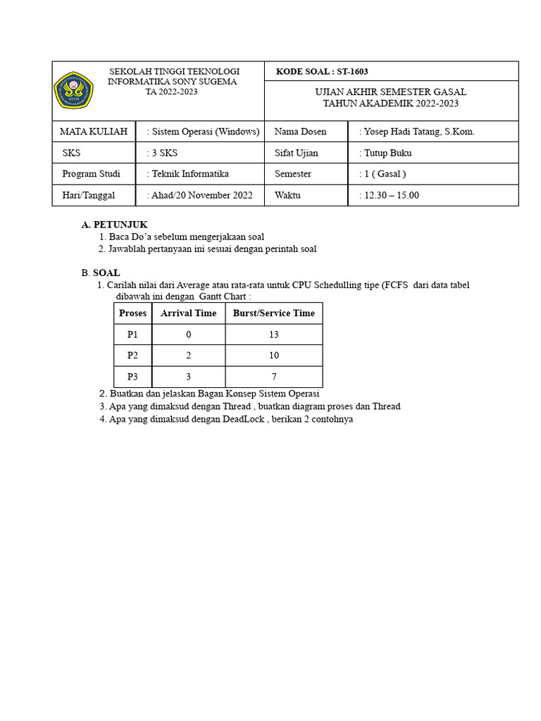 Soal UTS - Sistem Operasi 1 | PDF
