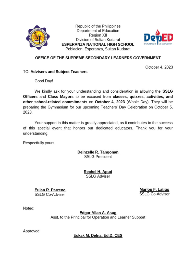 SSLG Class Excusal for Teachers' Day Prep | PDF | Language Arts ...