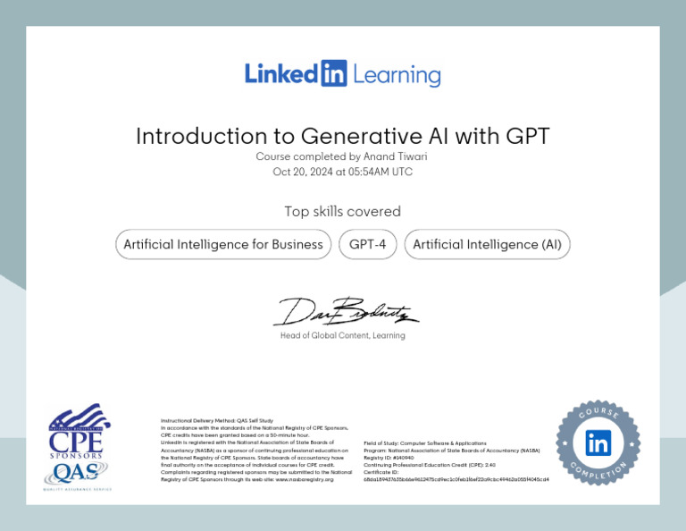 CertificateOfCompletion - Introduction To Generative AI With GPT | PDF