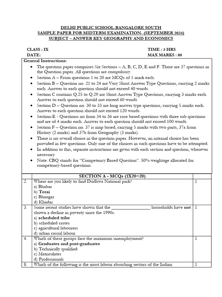 Sample Paper Midterm CL 9 Ans Key Geo-Eco | PDF | Infant Mortality | Physical Geography