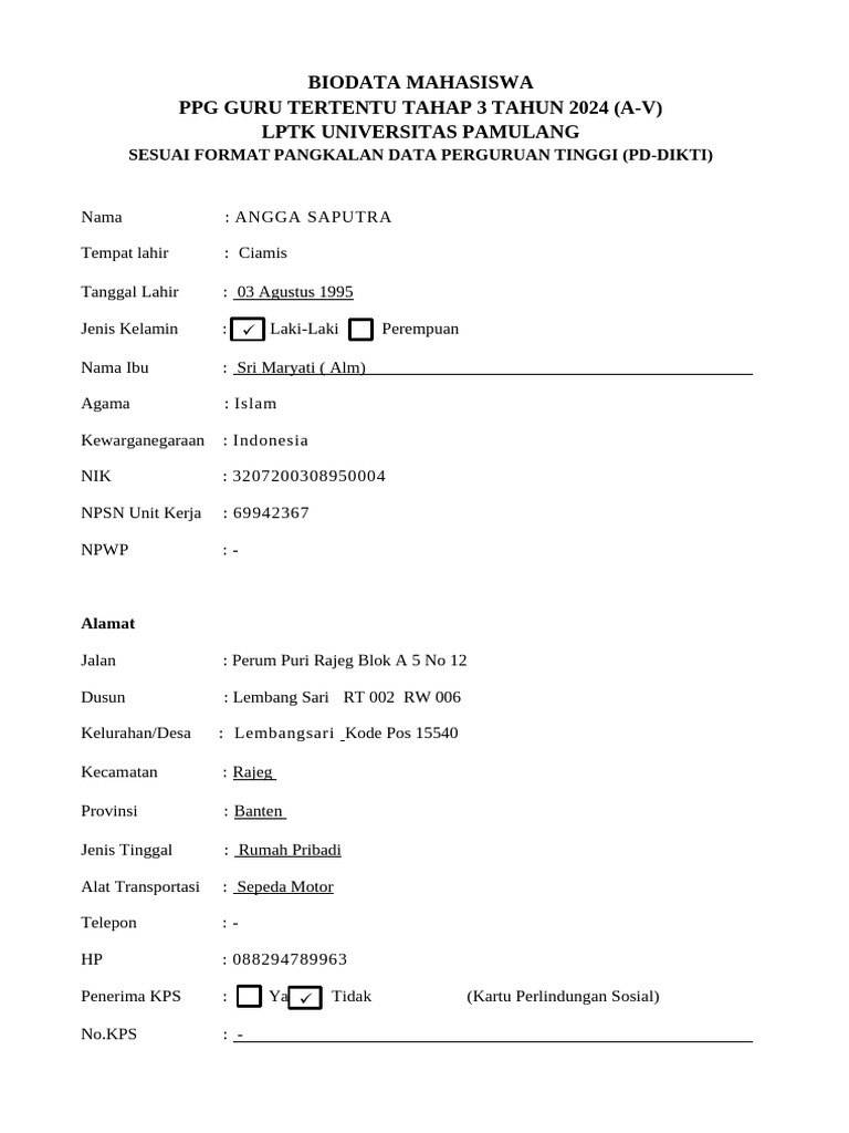 Form Biodata Mahasiswa PPG Guru Tertentu | PDF