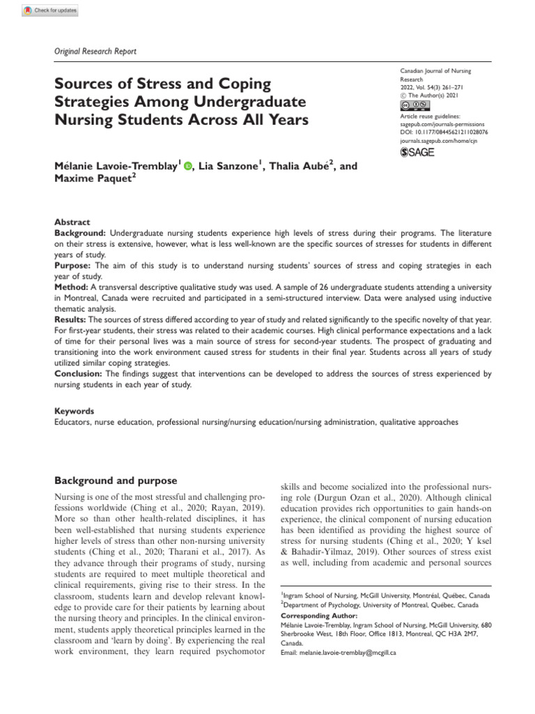 Lavoie Tremblay Et Al 2021 Sources of Stress and Coping Strategies Among Undergraduate Nursing ...