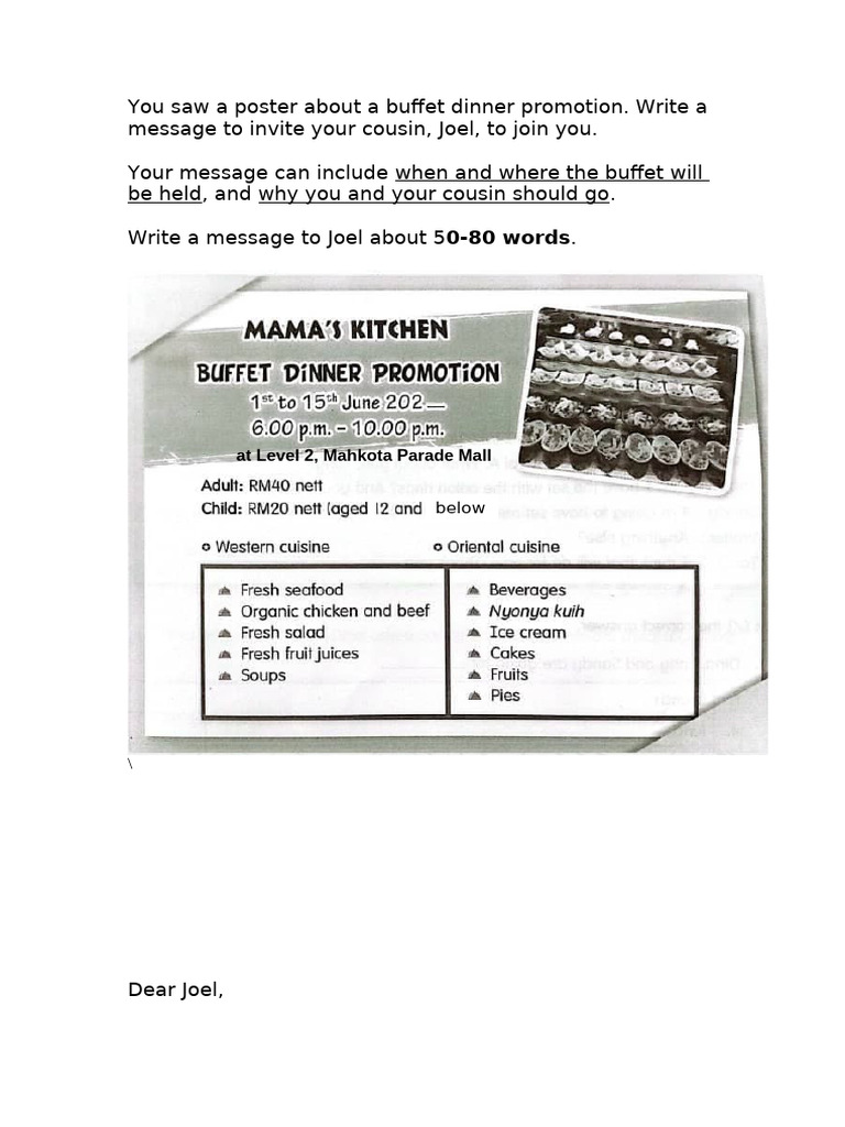 You saw a poster about a buffet dinner promotion | PDF