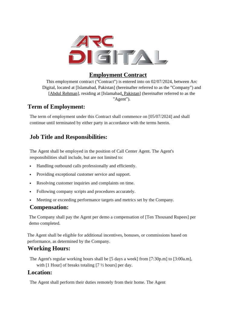 Call Center Agent Employment Contract | PDF | Employment | Private Law
