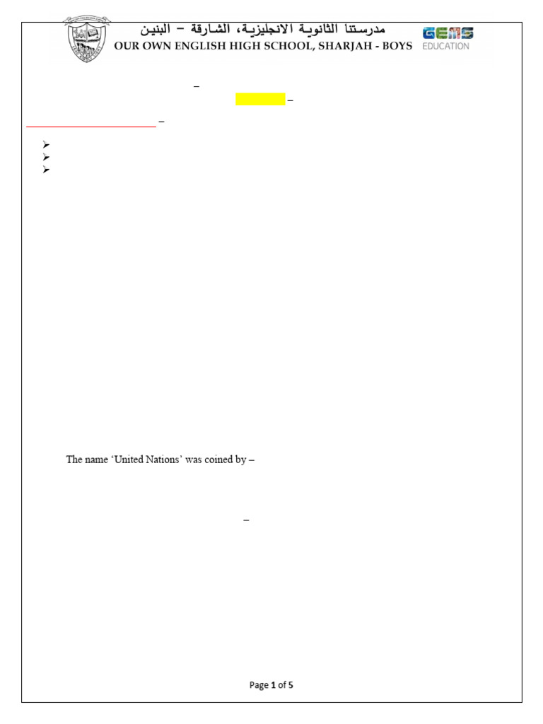 Chapter 22 - The United Nations - GR 5 Worksheet - 2023-24 | PDF ...