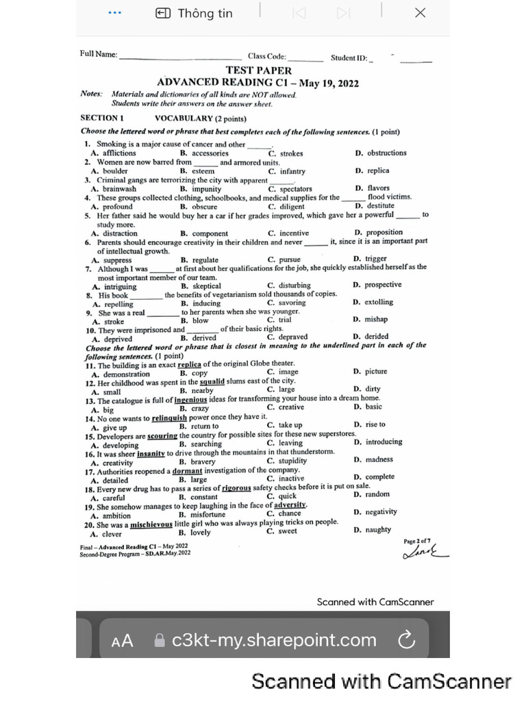 Advanced Reading Final Test | PDF