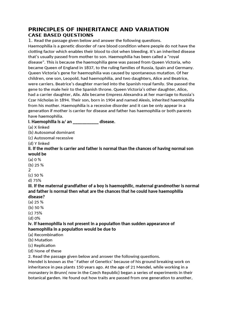 Principles of Inheritance and Variation-Case Study | PDF | Dominance (Genetics) | Haemophilia
