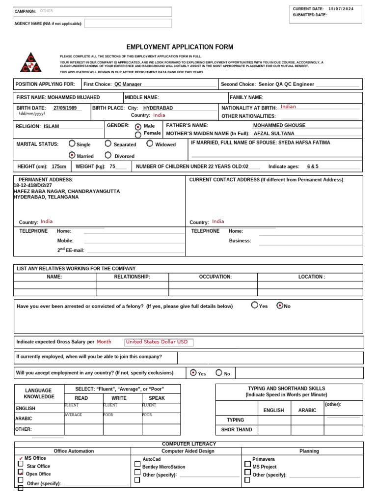 CCC - Application - Form-Monthly | PDF | Employment